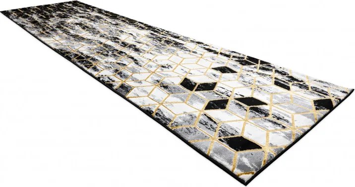 Dywany Łuszczów, Běhoun Gloss 409A 82 3D cubes black/gold/grey, 60x300, černá, obývací pokoj