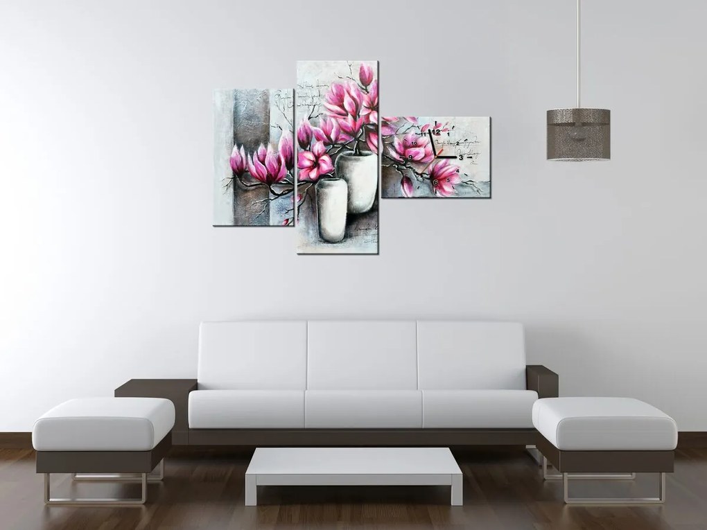 Gario Obraz s hodinami Růžové magnolie ve váze - 3 dílný Rozměry: 100 x 70 cm