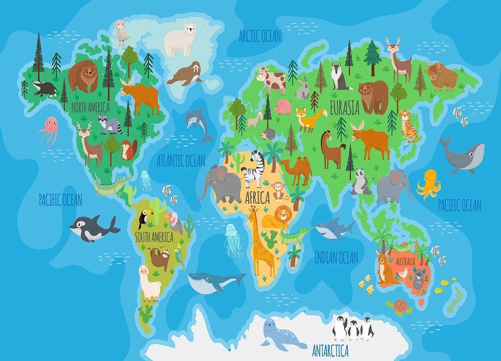 Dětská fototapeta na míru Barevná Zvířecí Mapa Světa | Vliesová fototapeta na zed' | DFTD5P 352443