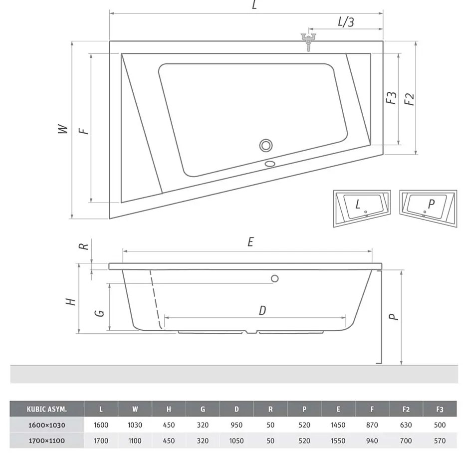 Asymetrická rohová akrylátová vana KUBIC ASYMMETRIC S 1600 × 1030 Levá KUBIC ASYMMETRIC /160 (L) 220 l 9660000