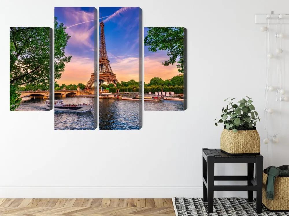 Vícedílný obraz Eiffelova Věž A Řeka Seina Při Západu Slunce V Paříži Nedostatek Nedostatek Přírodní plátno 200x150