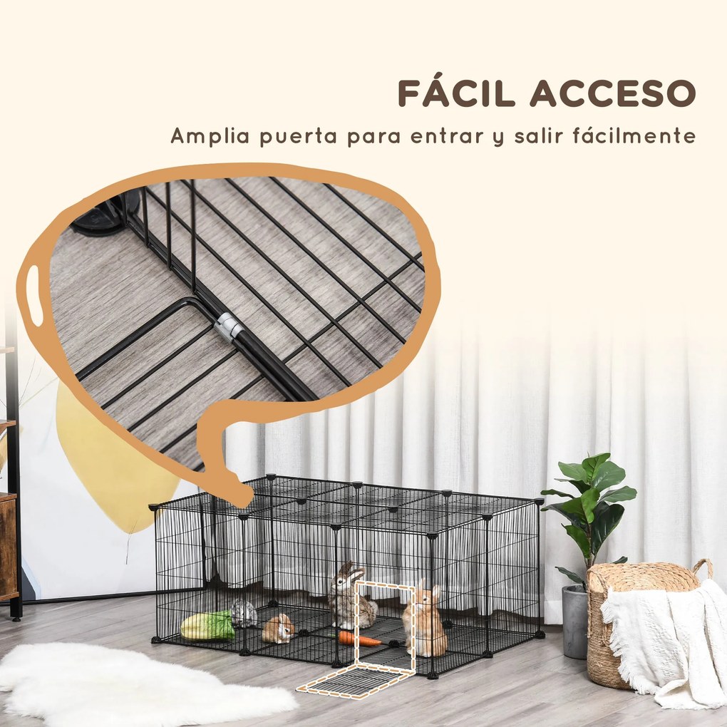 PawHut DIY Výběh pro malé zvířata s 22 síťovými panely a dveřmi pro králíky a morčata 105x70x45 cm Černý