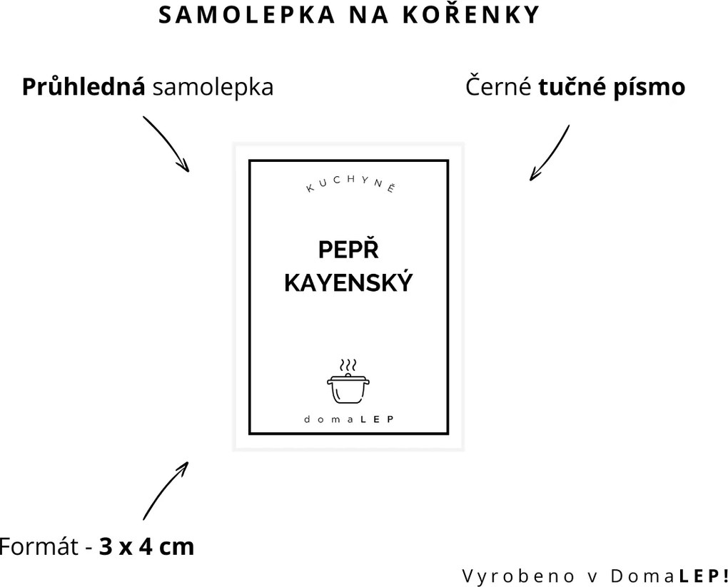 PEPŘ KAYENSKÝ - Samolepka na kořenky 3 x 4 cm - DomaLEP varianta: BÍLÁ - základní písmo