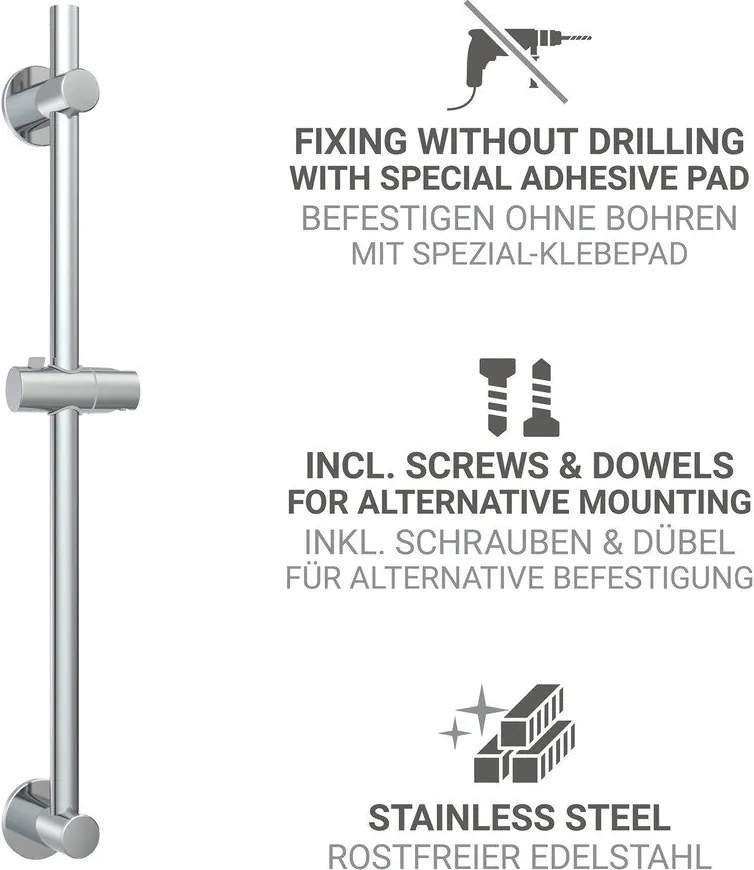 Sprchová tyč bez vrtání z nerezové oceli v leskle stříbrné barvě s posuvným držákem 70 cm – Wenko