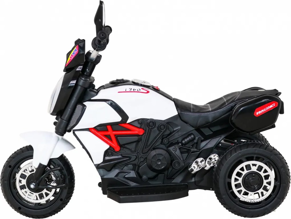 Ramiz Motorka Fast Tourist na baterie pro děti bílá + audio + světla + ekokůže