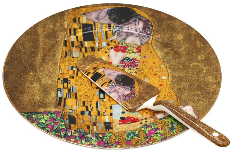 HOME ELEMENTS Porcelánový kulatý talíř na dort se lžící, Klimt, Polibek zlatý