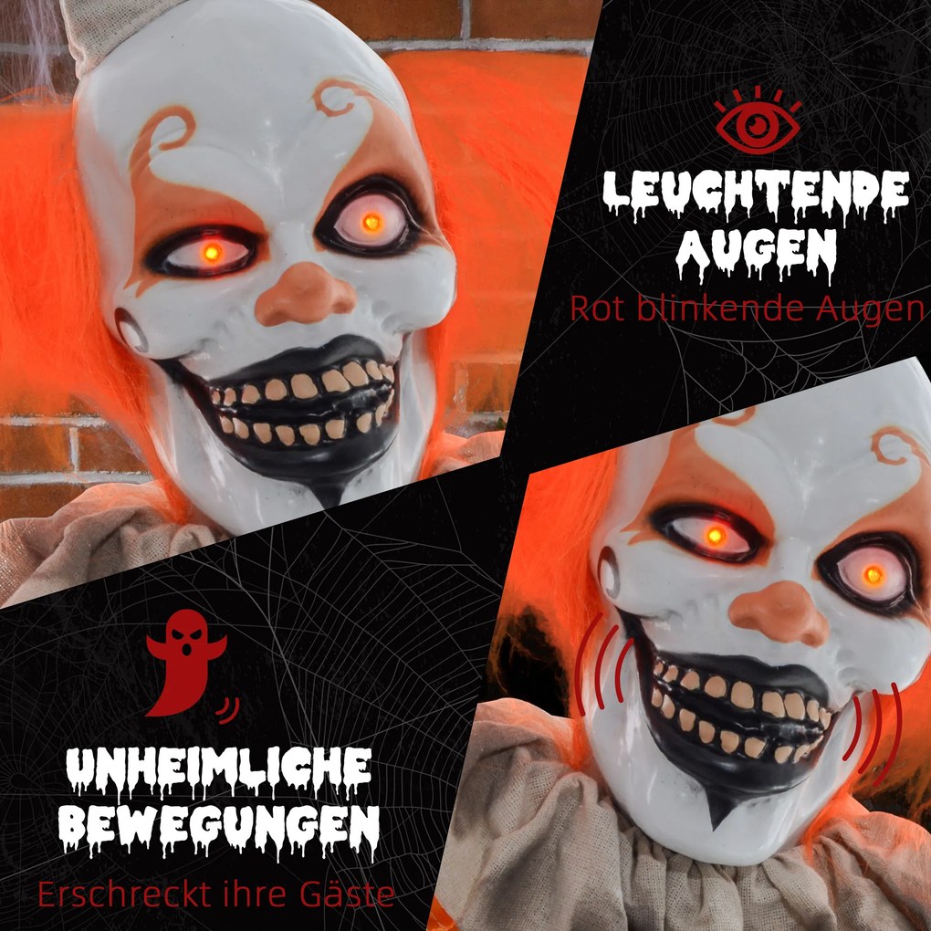 HOMCOM Halloween dekorace Klaun, ohebné paže, aktivováno dotykem/zvukem, svítící oči