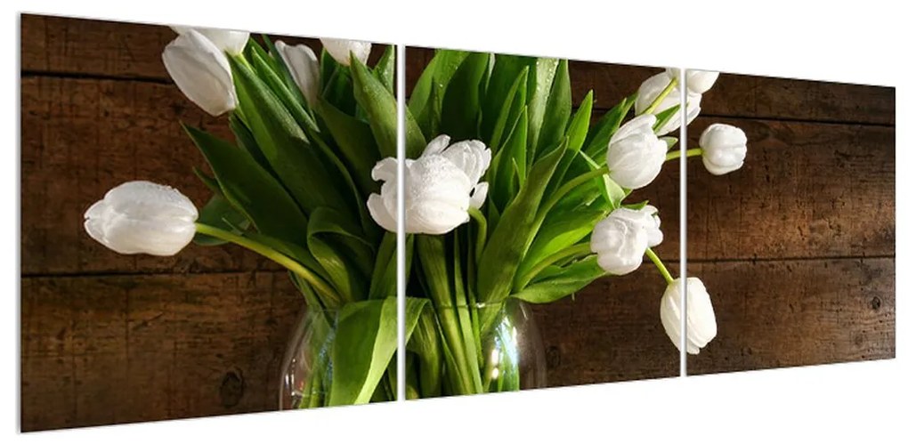 Obraz bílých tulipánů ve váze (150x50 cm)