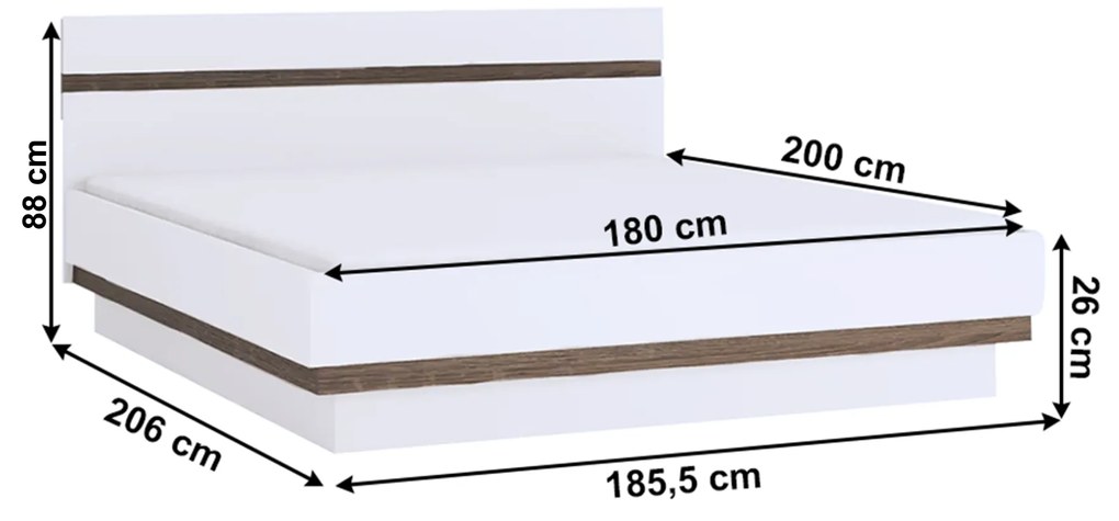 Kondela Postel 180, bílá extra vysoký lesk HG/dub sonoma tmavý truflový, LYNATET TYP 93