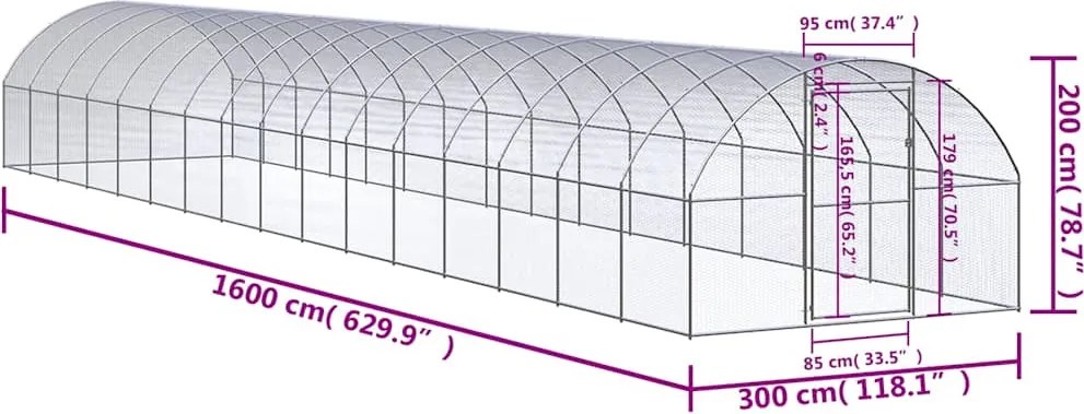 Venkovní klec pro kuřata 3 x 16 x 2 m pozinkovaná ocel 3095469