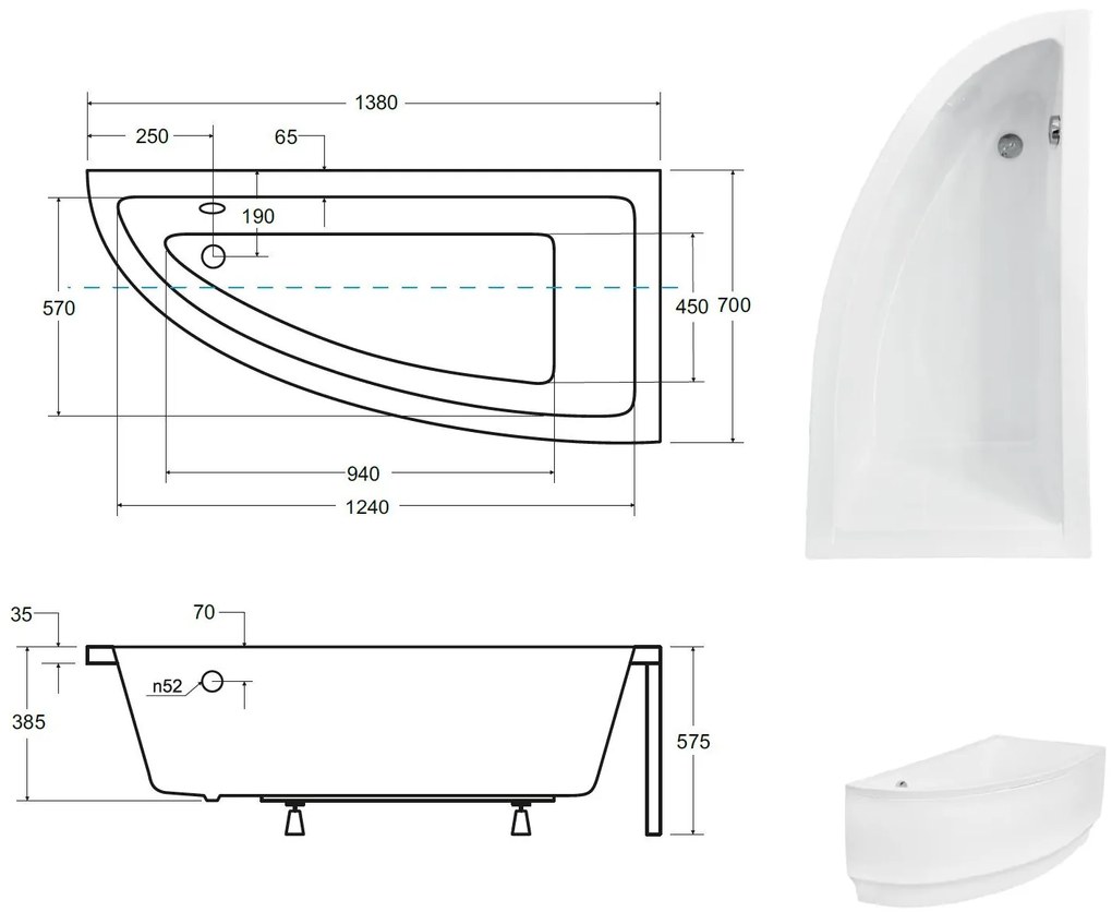 BESCO Asymetrická vana FONDI Nožičky k vaně - S nožičkami, Rozměr vany - 150 × 70 cm, Způsob provedení - Levé - OLVFON15L+OLVPINOZ