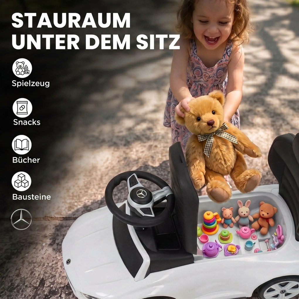 AIYAPLAY 3-v-1 jezdící auto s tlačnou tyčí Mercedes-Benz jezdící vozidlo s volantu, klaksonem, hudbou, střechou, úložným prostorem pod sedadlem, bílé