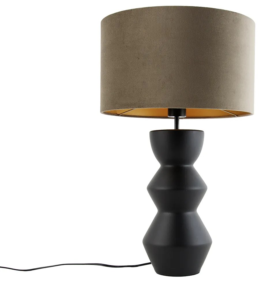 Designová stolní lampa s černým sametovým stínítkem taupe se zlatem 35 cm - Alisia