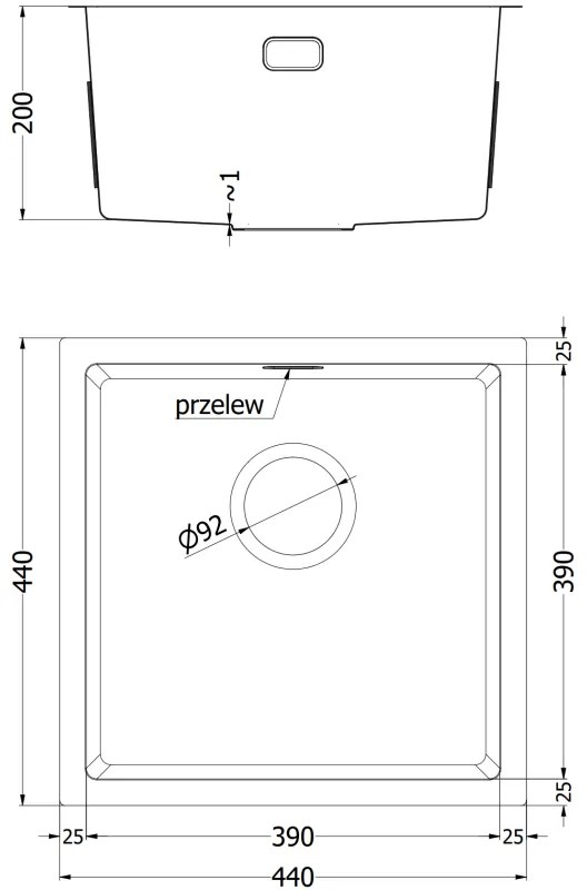 Mexen Trixo, 1-komorový nerezový dřez 440 x 440 mm, černá, 6413441000-70