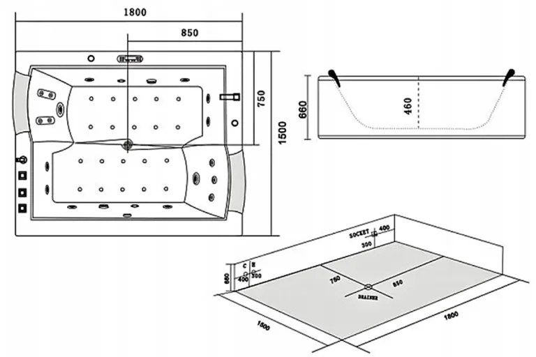 BPS-koupelny Hydromasážní vana HYD-DI666 180x150 s ohřevem vody