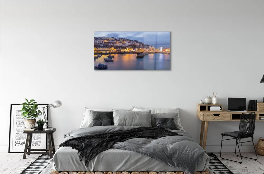 akrylový obraz Město noční moře loď 100x50 cm