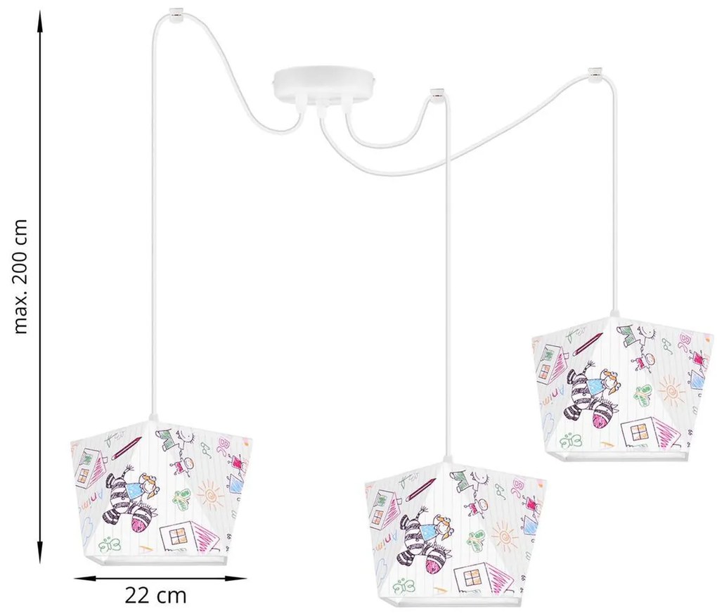Dětské závěsné svítidlo Diamond Spider, 3x bílé textilní stínítko se vzorem