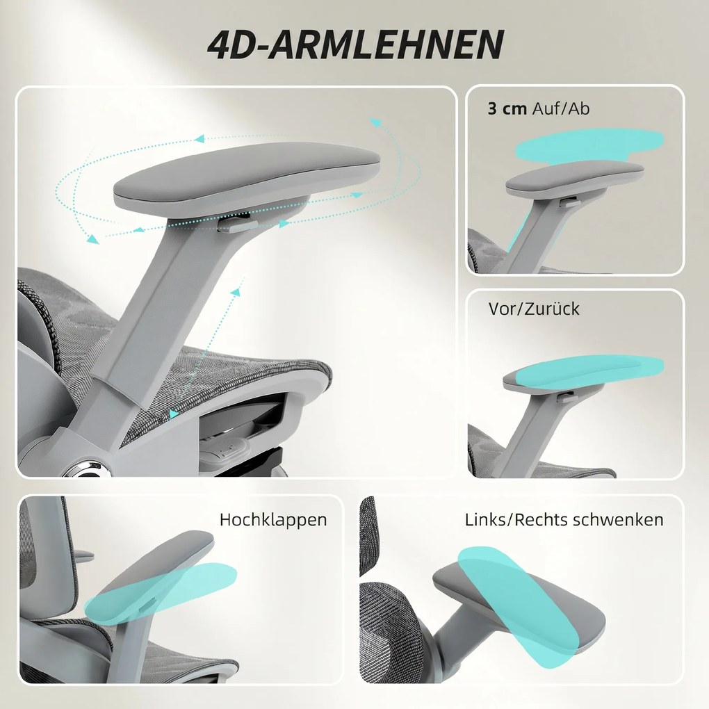 HOMCOM ergonomická síťovaná kancelářská židle — 4D područky, nastavitelná opěrka hlavy a hloubka sedáku, bederní opora, sklápění 135° s opěrkou nohou…