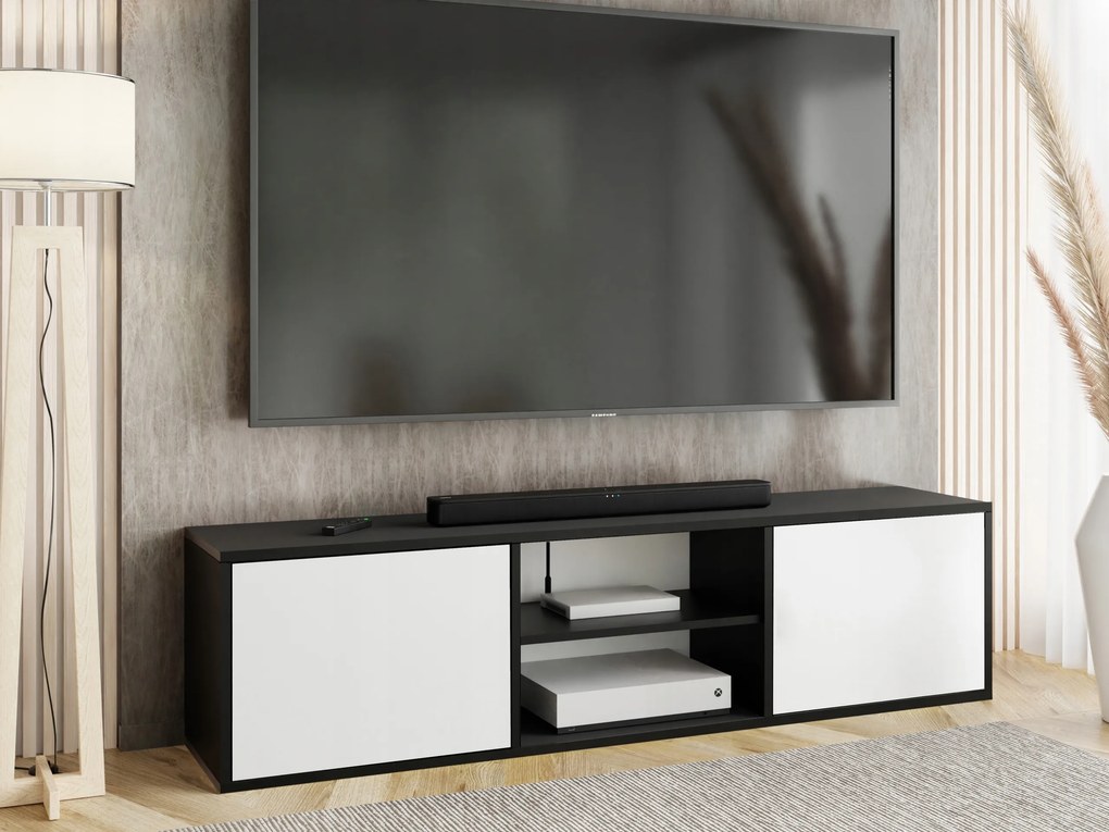 TV skříňka EDI 3 černý + bílý otevřená TV skříňka s policí