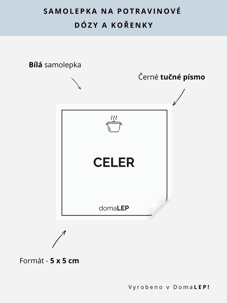 Samolepka na kořenky CELER bílá 5 × 5 cm tučné písmo
