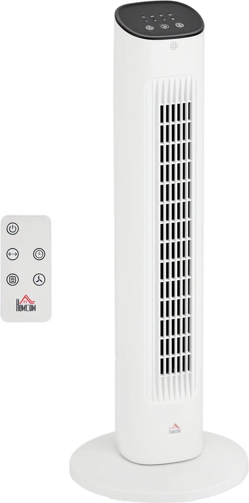 HOMCOM 50W věžový ventilátor s dálkovým ovládáním, tichý ventilátor s 3 rychlostmi, 15h časovačem, 85° oscillací, LED displejem, 30x30x78 cm, Bílá | A
