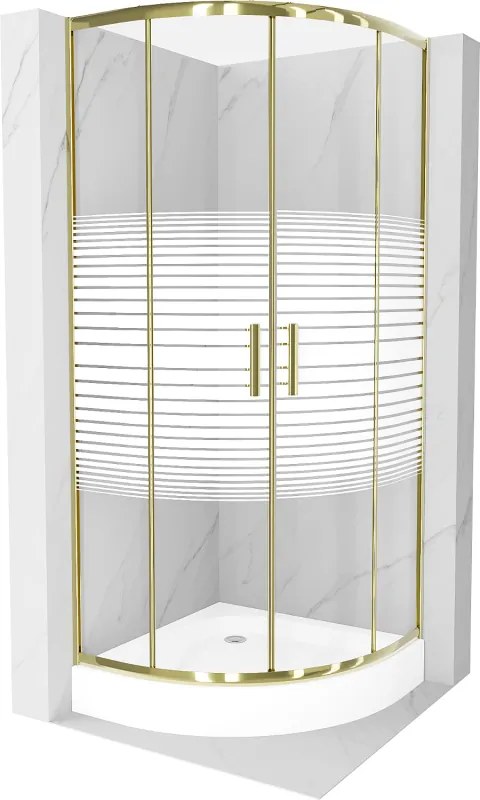 Mexen Rio, čtvrtkruhový sprchový kout 80(dveře)x80(dveře)x190 cm, 5mm čiré sklo s pásky, zlatý profil + bílá sprchová vanička RIO, 863-080-080-50-20-4710