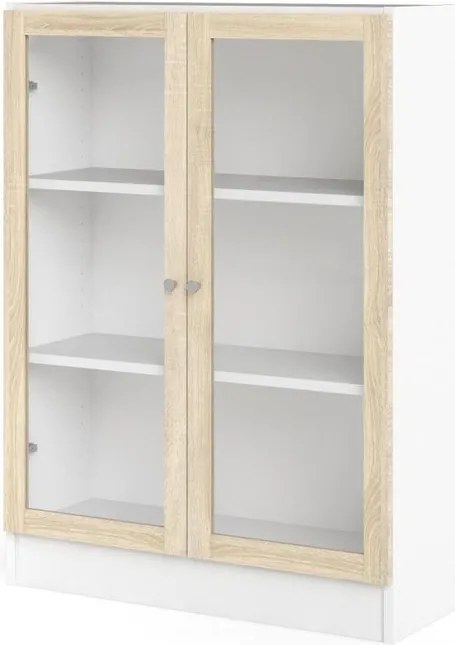 Skříň Bask 79 x 28,3 x 107,2 cm, dveře sklo, bílá / dub sonoma