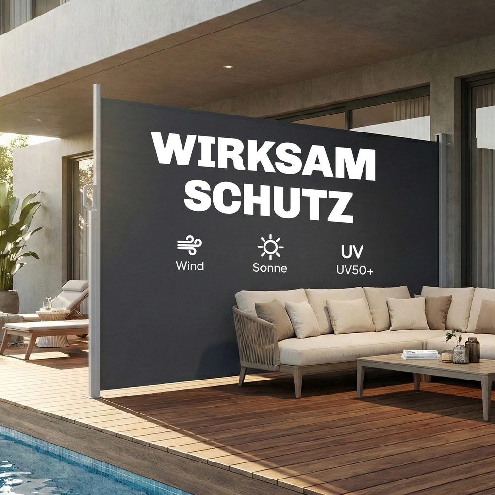 Výsuvná boční markýza, zástěna pro ochranu soukromí ve venkovním prostoru, vodoodpudivá, UV 50+, 420 x 185 cm, tmavě šedá