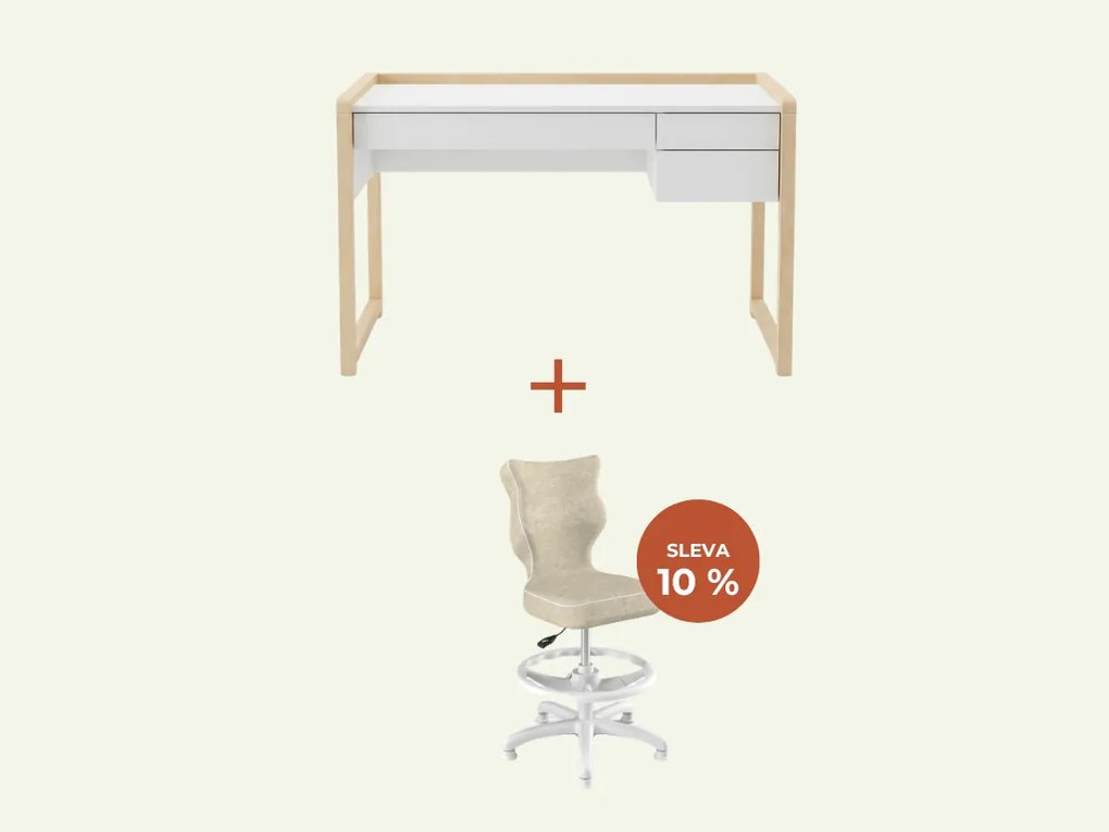 Benlemi Stůl STOLLY se 3 šuplíky a pastelkovníkem do dětského pokoje + ergonomická židle BÉŽOVÁ Zvolte rozměr židle: dítě 133 - 159 cm (výška stolu 71 - 82 cm)