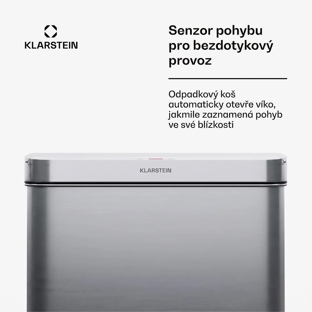Klarstein Touchless, senzorový odpadkový koš, 60 l, z nerezavějící oceli, Soft-Close zavírání, napájen baterií, LED displej, časovač