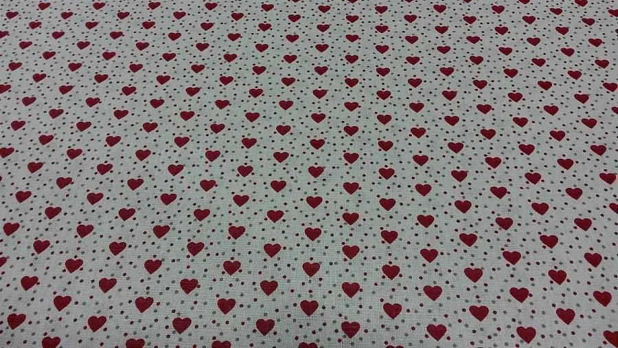 Bavlněná látka MINI SRDÍČKO 01 smetanová, červené srdce šíře 160 cm