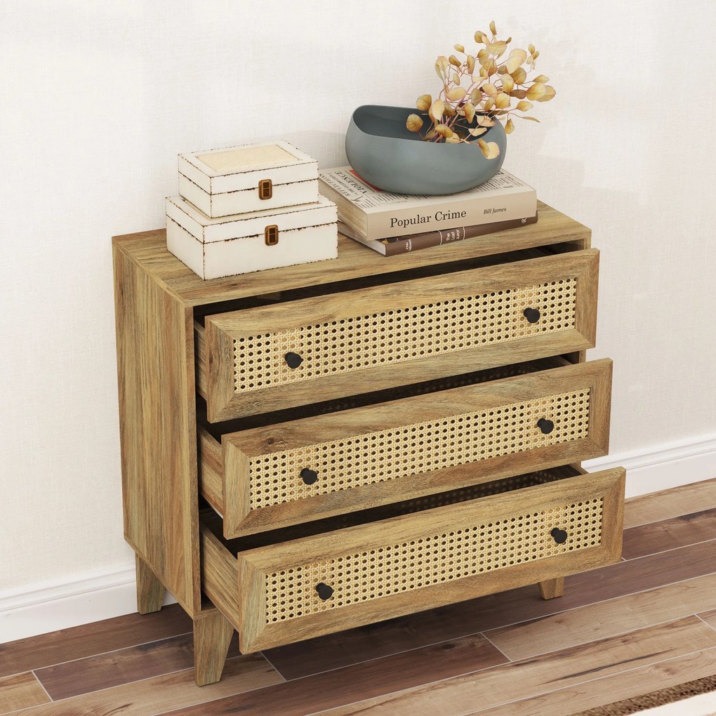 HOMCOM Úložný kabinet s 3 zásuvkami z ratanu 80 x 35 x 76 cm v jemném dřevěném vzhledu