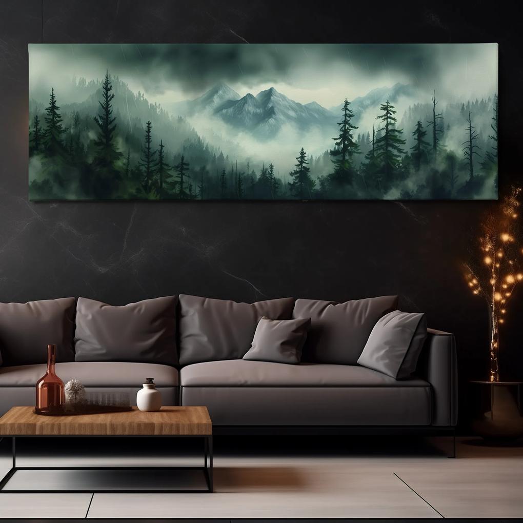 Obraz na plátně - Deštivé zakaboněné hory FeelHappy.cz Velikost obrazu: 90 x 30 cm