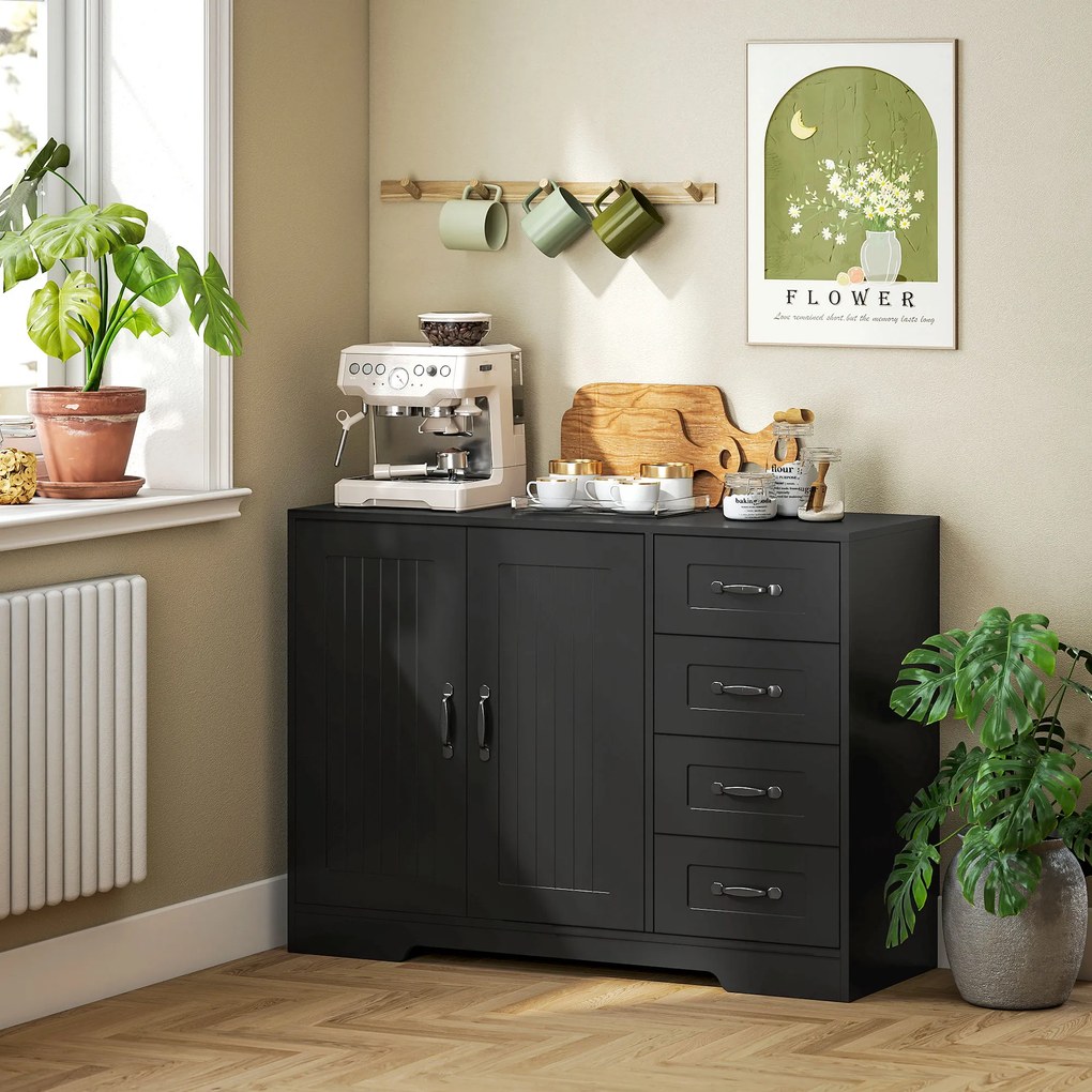 HOMCOM Sideboard, komoda, moderní styl, 4 zásuvky, 1 skříňka, 105 x 40 x 76 cm, černá