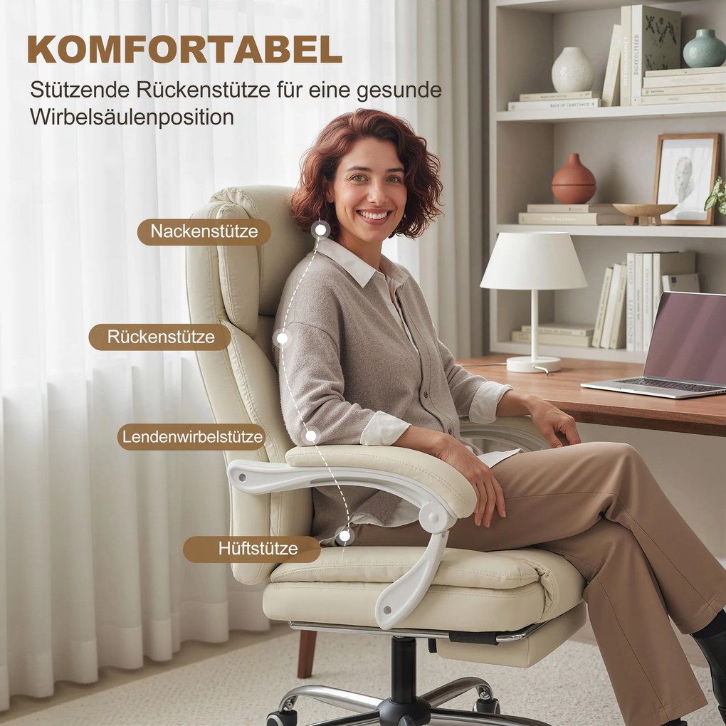 HOMCOM ergonomická kancelářská židle — sklopné opěradlo, nastavitelná výška, podnožka, 360° otočná, taštičkové pružiny, ekokůže, béžová