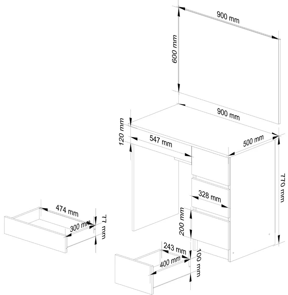 Kosmetický stolek se zrcadlem T-6 I 90x50 cm bílý pravý