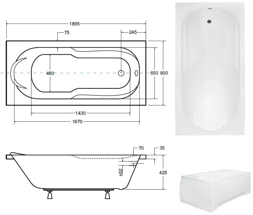 BESCO Obdélníková vana VINDOBONA Nožičky k vaně - Bez nožiček, Rozměr vany - 180 × 80 cm OLVVIN18