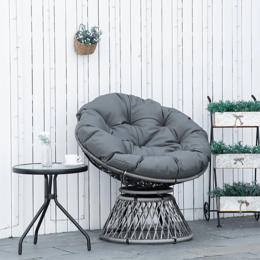 Outsunny Synthetic Rattan Otáčecí Papasan Křeslo Oválné Wicker PE Křeslo s Polštářem a Ocelovým Rámem Nosnost 160 kg pro Zahradu, Patio, Terasu 87x97…