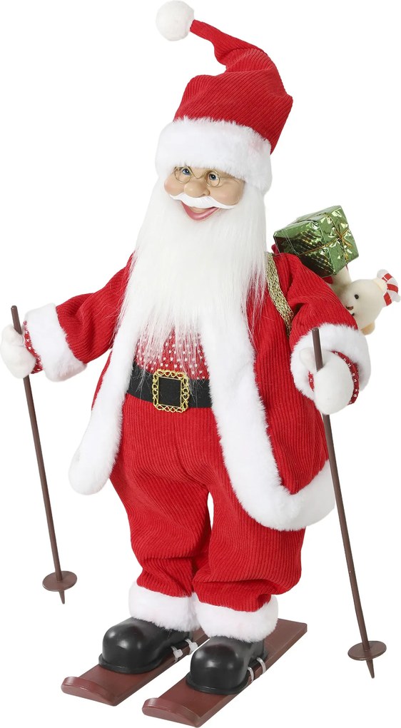 HOMCOM Zpívající lyžařský Santa Claus, 66 cm, stojící animovaná vánoční postava se lyžemi, pytlem s dárky a aktivací zvukem / dotykem