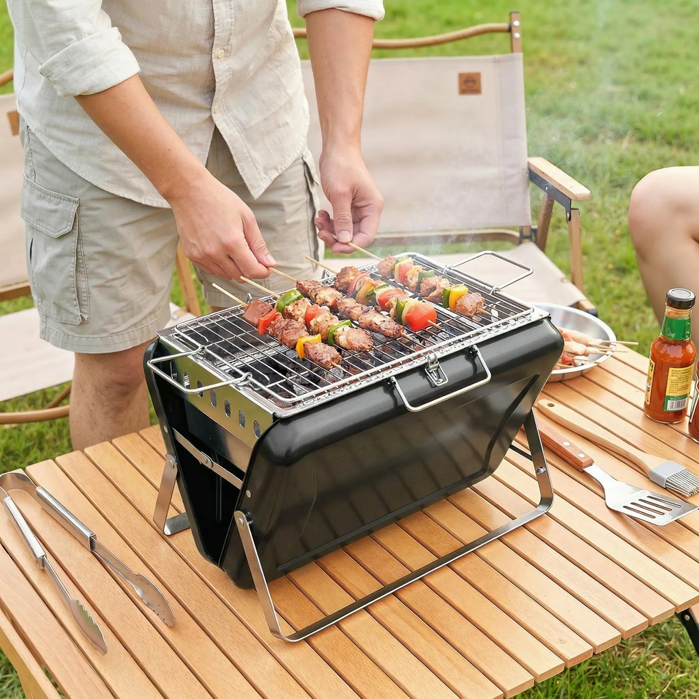 Outsunny Gril na dřevěné uhlí z nerezové oceli BBQ udírna s grilovacím roštem rukojeť skládací nohy pro grilování kempování 40x28x25,5cm černá