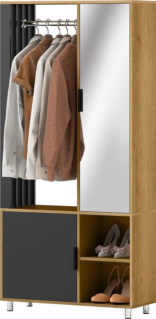 HOMCOM Moderní šatní skříň s zrcadlem, otevřené přihrádky, šatní tyč, 80 x 30 x 170 cm, Přirozené dřevo