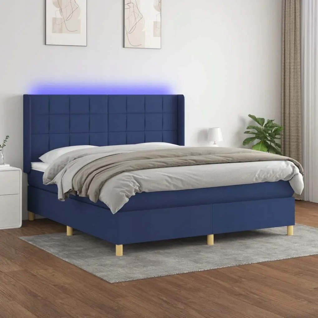 Box Spring Postel S Matrací A Led Textil Modrá Blok se čtverci 160 x 200