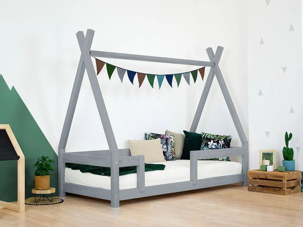 Benlemi Dětská dřevěná postel NAKANA ve tvaru teepee s bočnicí Zvolte barvu: Pastelově růžová, Zvolte rozměr: 90x190 cm
