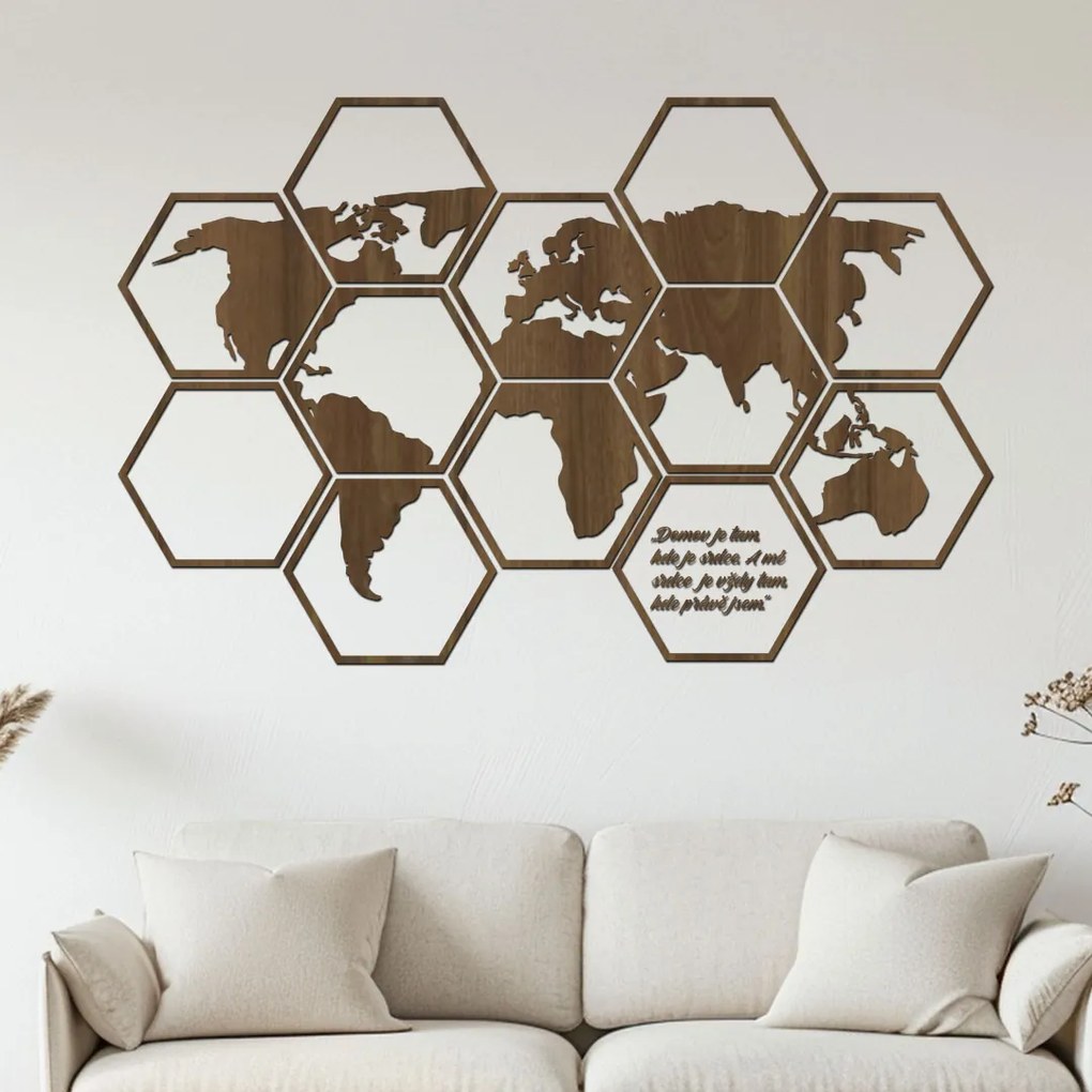 dřevo života Dřevěná mapa světa Hexagon Zvolte barvu dekoru: Ořech, Rozměry (cm): 93x60