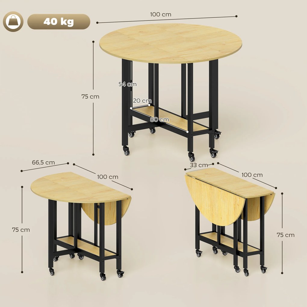 HOMCOM skládací jídelní stůl na kolečkách, kuchyňský stůl pro 4 osoby s integrovanou odkládací plochou, 100 x 75 cm, dub