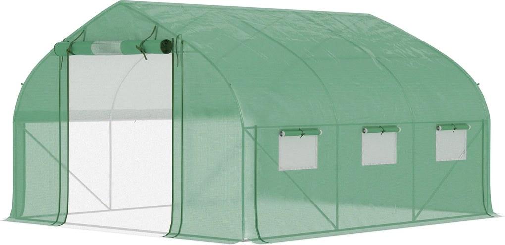 Outsunny Zahradní Tunelový Skleník, 10,4 m², UV-odolný Zahradní Skleník, Se Zipovým Rolovacím Dveřmi, Síťovinovými Okny, Pozinkované Ocelové Trubky a