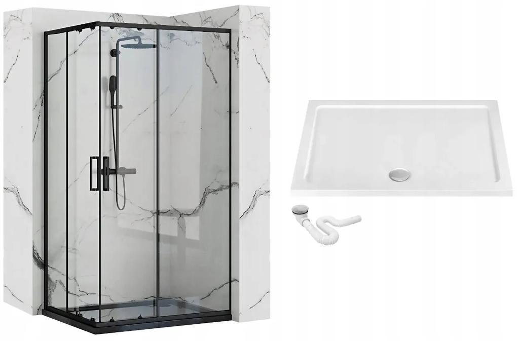 Rea Punto, sprchový kout s posuvnými dveřmi 100(dveře) x 80(dveře) x 190 cm, 5mm čiré sklo, černý profil + bílá sprchová vanička Savoy, KPL-K1016