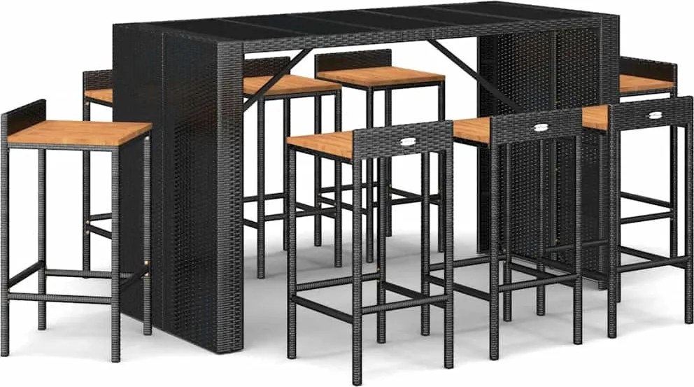 9dílný zahradní barový set černý polyratan a masivní akácie 3187688
