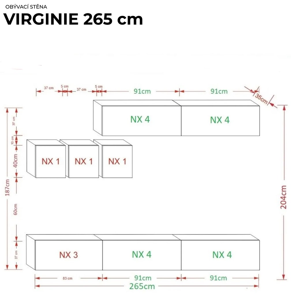 Ral Obývací stěna VIRGINIE 6, 265 cm - Černo/bílý lesk