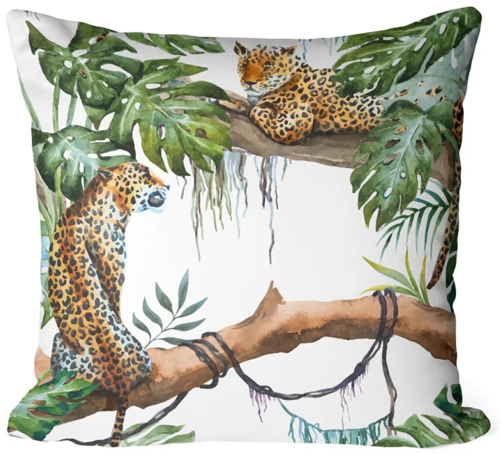 Polštář z mikrovlákna Gepardi na větvi - motiv v tropickém akvarelovém stylu na bílém pozadí